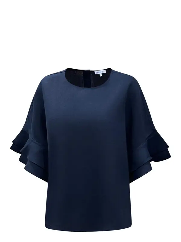PERLAVERA Lolan Navy Solid Linen Flare Sleeve Top - Blue