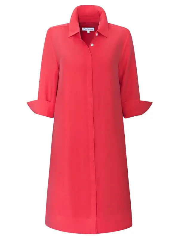 PERLAVERA Fanny Coral Three Quarter Sleeve Length Missy Fit Midi Dress - Red