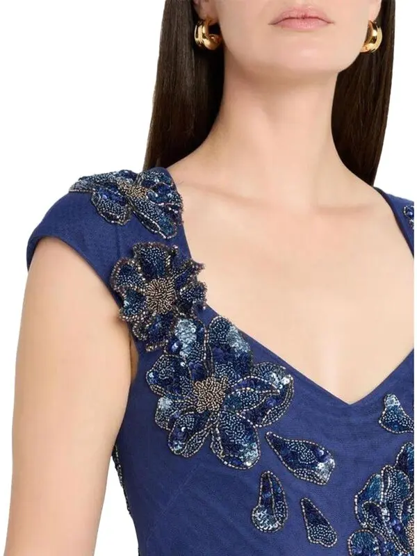 Theia Alexis Sequin Floral Applique Tulle Gown - Indigo Ecl