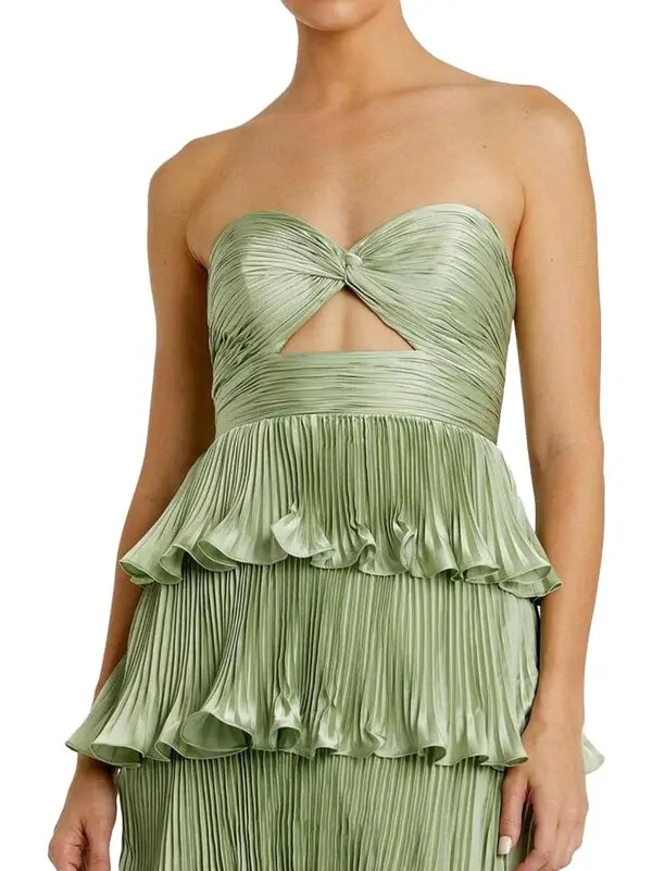 Mac Duggal Ieena Pleated Charmeuse Strapless Tiered Ruffle Gown - Sage