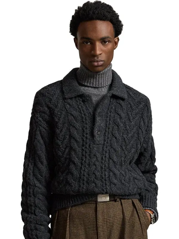 Ralph Lauren Relaxed Aran-knit Polo-collar Sweater - Hawk's Eye Heather