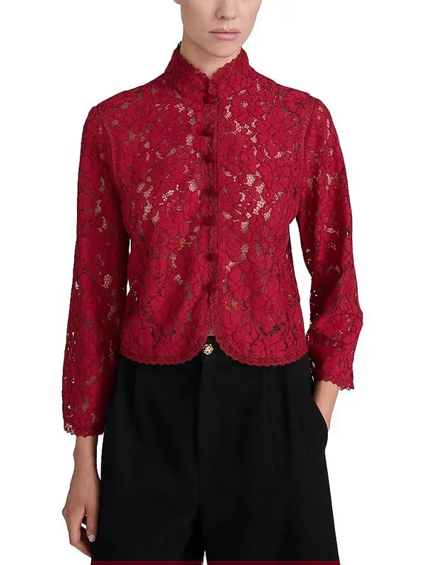 FRAME The Lace Salon Button Front Top - Deep Ruby