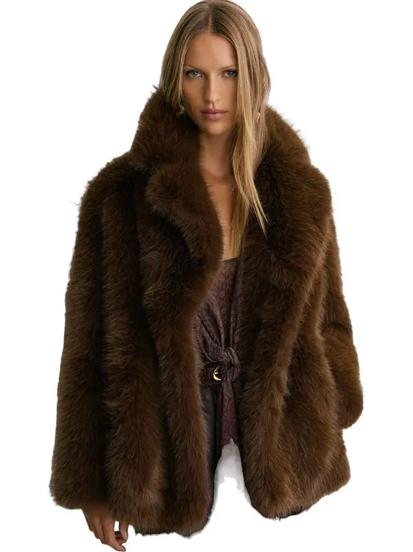 REISS Laila Petite Faux-fur Coat - Brown