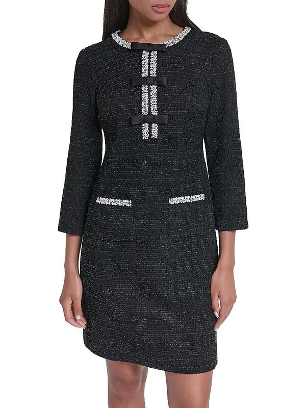 Karl Lagerfeld Paris Embellished Tweed Bow Shift Dress - Black Silver Multi