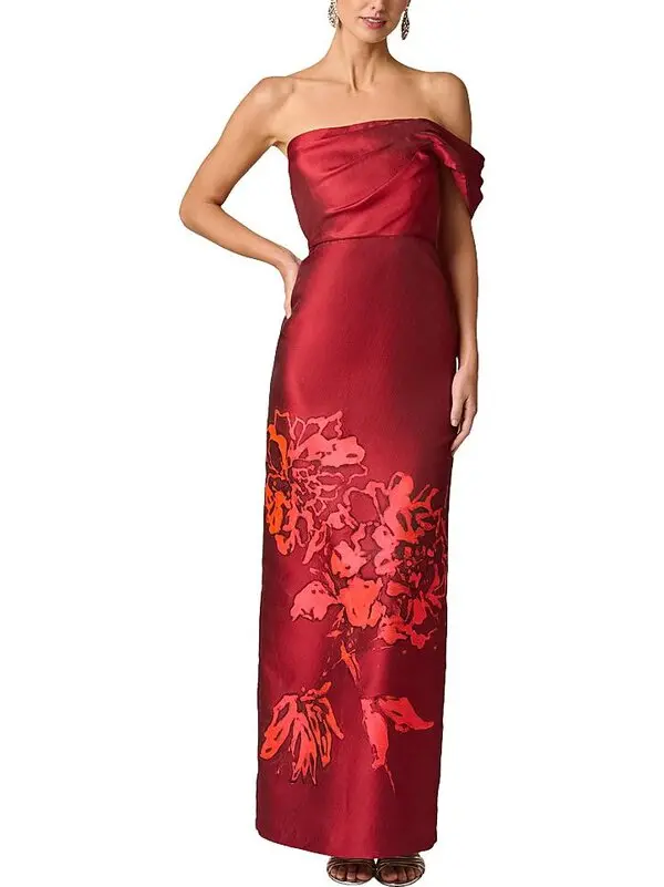 Aidan Mattox Jacquard Off Shoulder Gown - Red Ruby