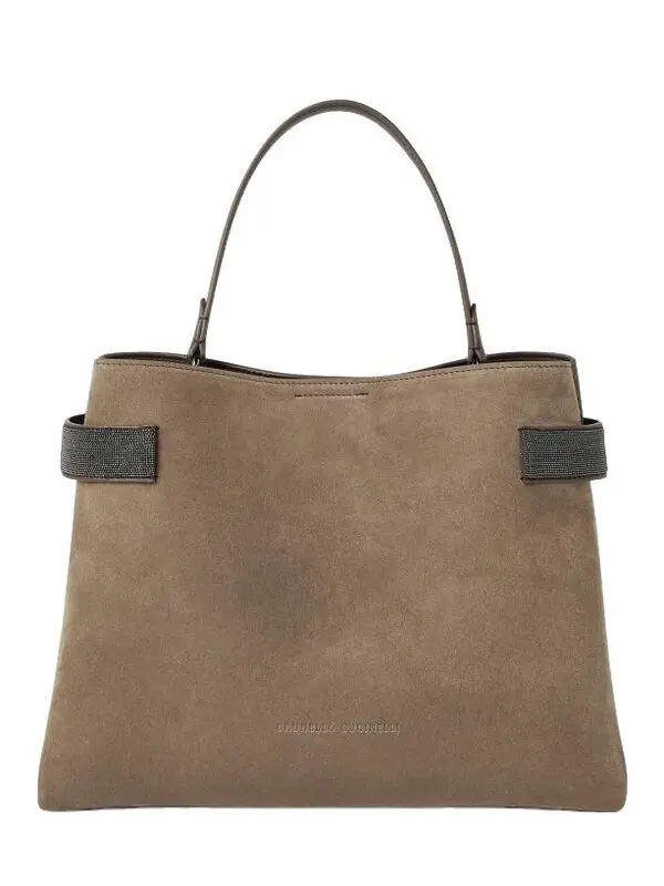 Brunello Cucinelli Essence Top Handle Bag In Suede With Precious Bands - Bark