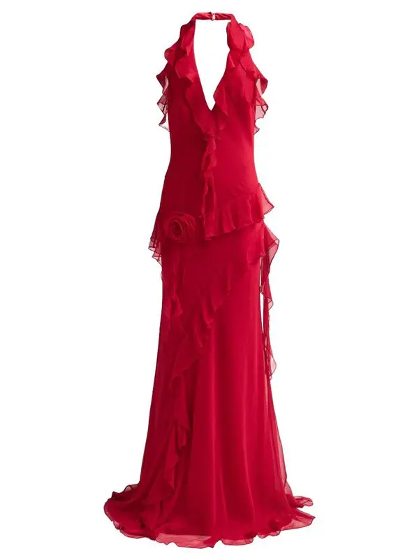 AMUR Lola Halterneck Ruffled A-line Gown - Ruby Rose