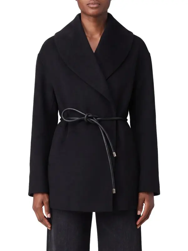 Sportmax Short Virgin Wool Robe Coat With Shawl Collar And Belt - Black