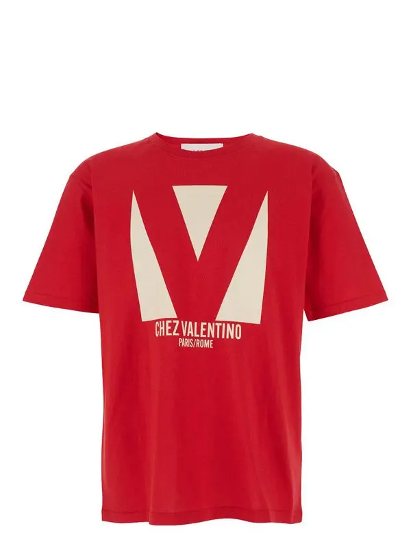 Valentino Garavani Chez' Crewneck T-shirt With Maxi Logo Print On The Front In Cotton - Red