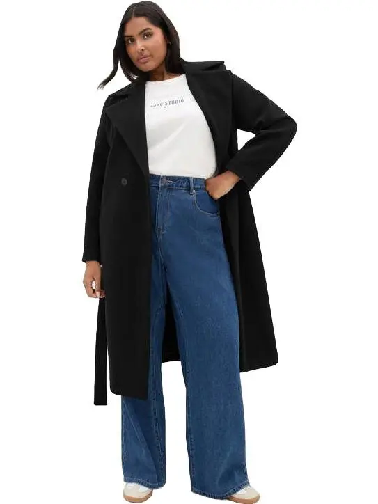 City Chic Riley Row Belted Coat - Black