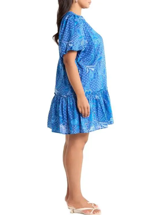 SUGARLIPS Berke Puff Sleeve Shift Minidress - Blues-multi