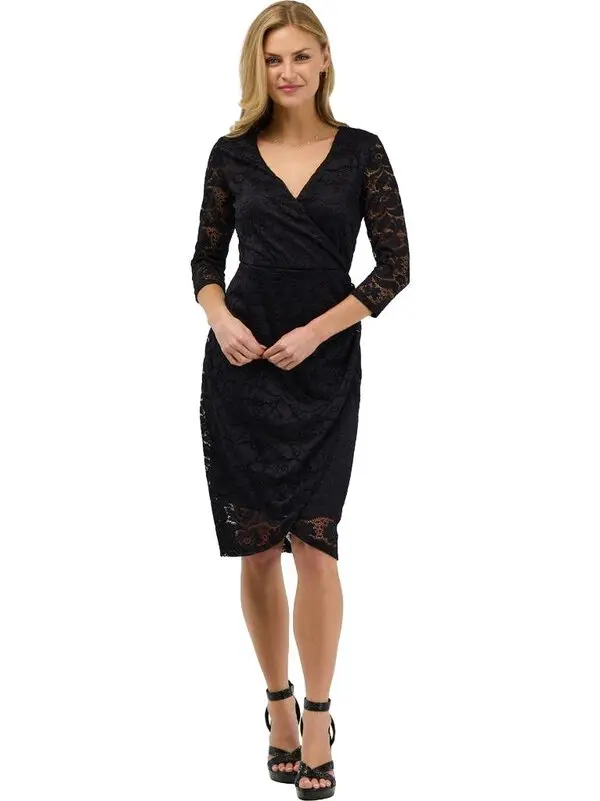 24SEVEN COMFORT APPAREL 24seven Comfort Elevate Lace Wrap Dress With Three-quarter Sleeves - Black