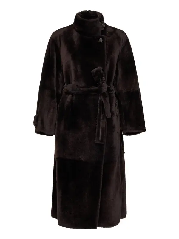 Brunello Cucinelli Dark Brown Shearling Belted Coat - Multicolor