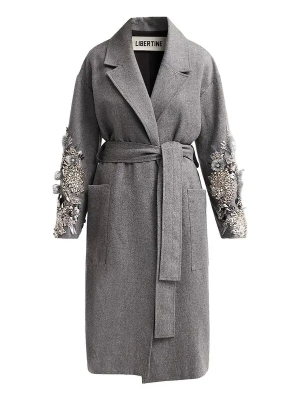 Libertine Frosted Flowers Embellished Wool-cashmere Wrap Coat - Grey