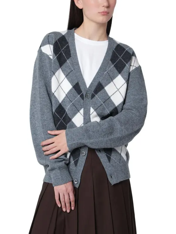 DUNST Argyle Wool Cardigan With V-neck And Button Front - Grey