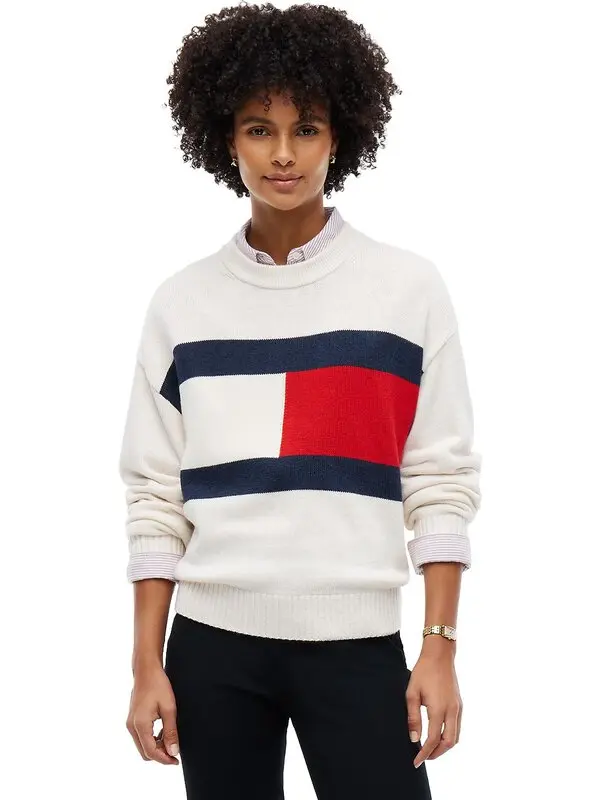 Tommy Hilfiger Intarsia Flag Logo Crewneck Sweater - Ivory