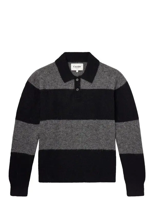 CORRIDOR Striped Brushed Alpaca-blend Polo Sweater - Black