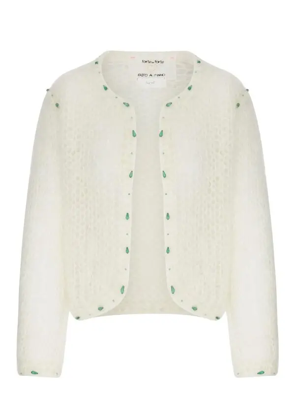 FORTE_FORTE Short Cardigan In Openwork Knit With Embroidery - Cream