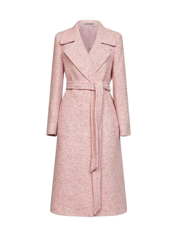 Tagliatore Pink Speckled Herringbone Wool Molly Long Belted Coat - Multicolor