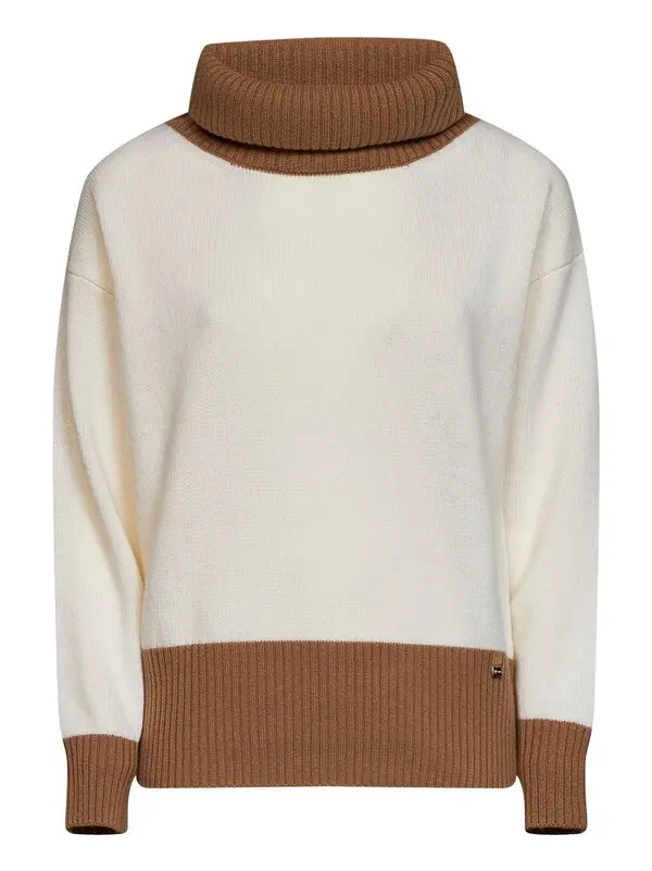 Herno Milky White Color-block Wool Turtleneck Sweater - Multicolor