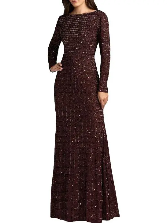 Mac Duggal Long Sleeve Embellished Boat Neck Gown - Chocolate