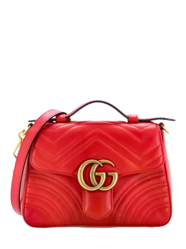 Gucci Gg Marmont Top Handle Flap Bag Matelasse Leather Mini Satchel - Red