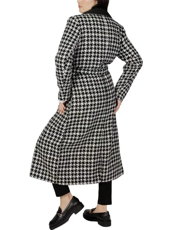 Only Houndstooth-pattern Belted Coat - Black