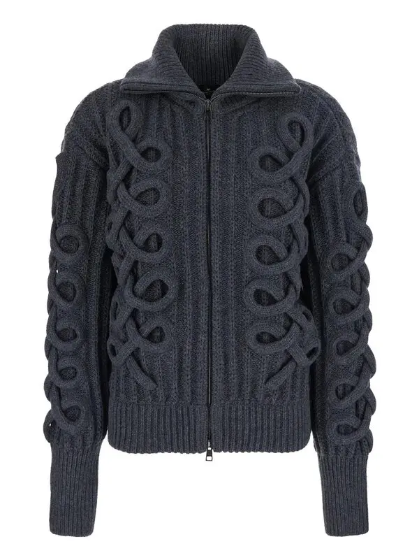 Etro Grey High-neck Cardigan With Chunky Embroidery On The Front And Ribbed Knit In Wool For - Multicolor