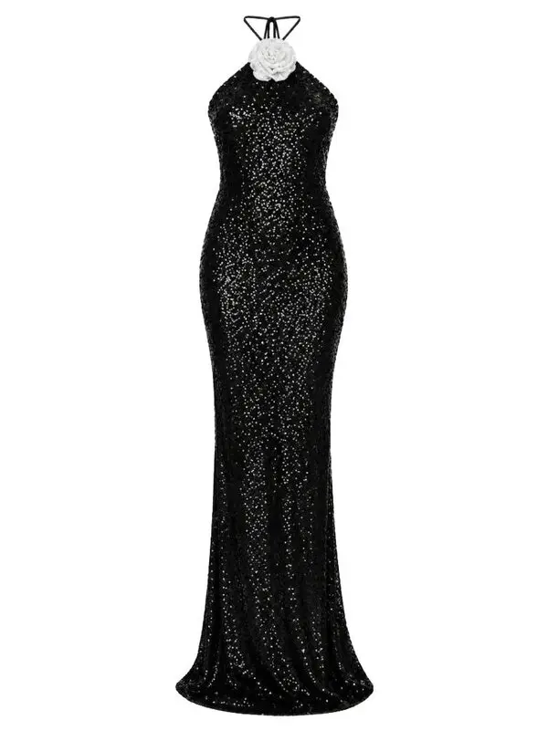ROSERRY Sequin-embellished Floral-appliqué Maxi Dress - Black