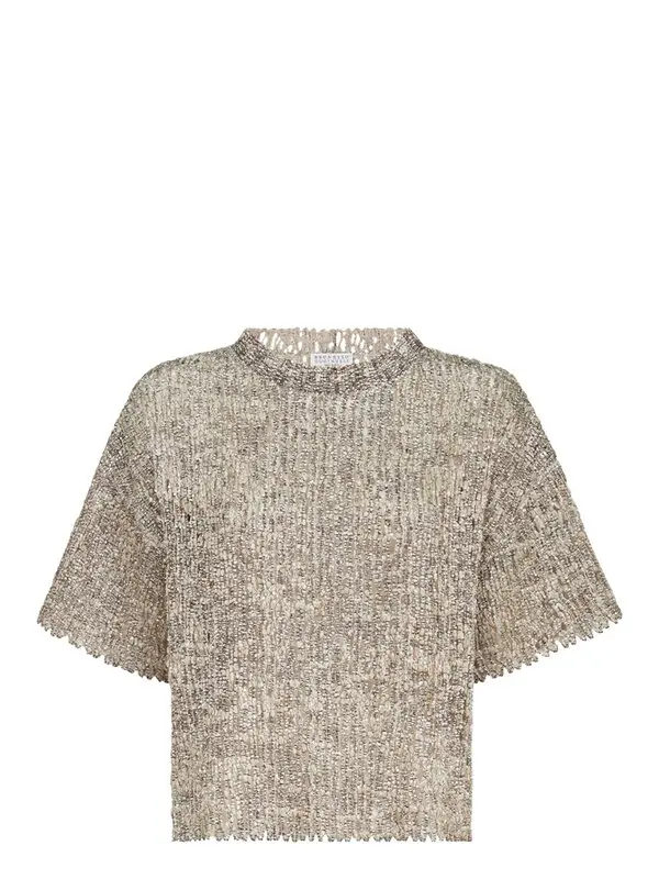 Brunello Cucinelli Embroidered Short-sleeve Sweater - Beige