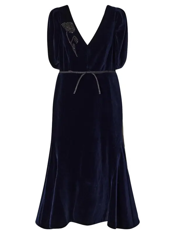 Erdem Bead-embellished Satin-trimmed Cotton-velvet Midi Dress - Blue