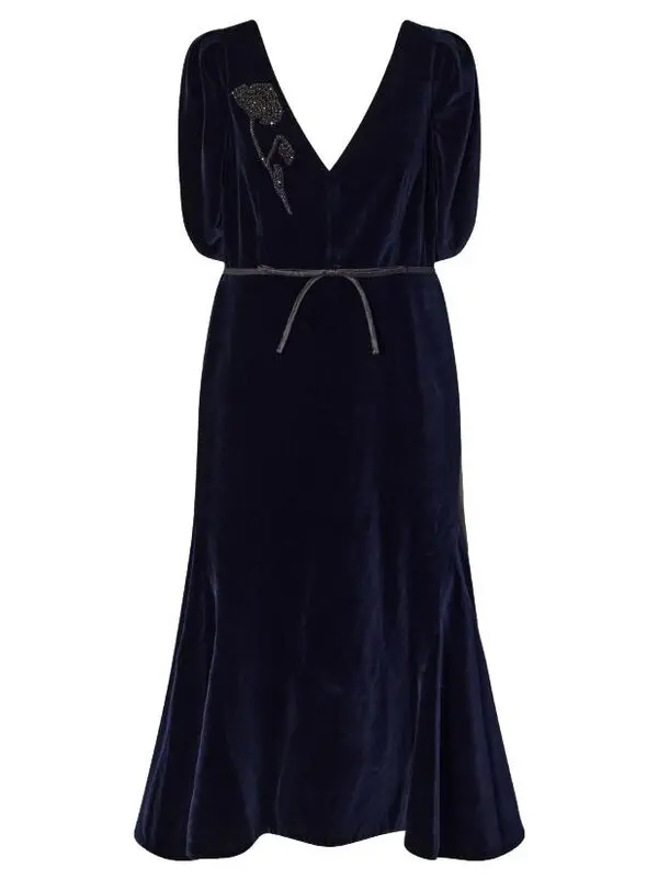 Erdem Bead-embellished Satin-trimmed Cotton-velvet Midi Dress - Navy