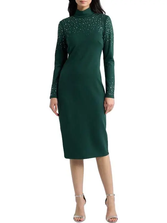 Anne Klein Rhinestone Embellished Mock Neck Sheath Dress - Pine Forest
