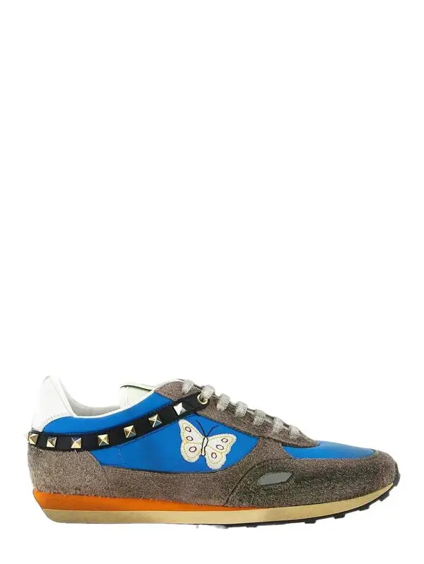 Valentino Garavani Stud Up Trainers In Split Leather And Nylon With Butterfly Embroidery - Blue