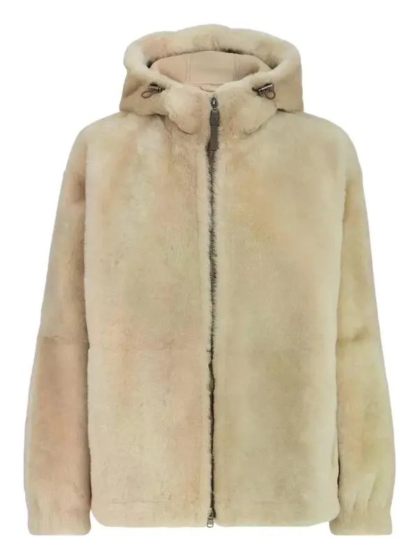 Brunello Cucinelli Shearling Hooded Outerwear Jacket With Shiny Zipper Pull - Neutrals