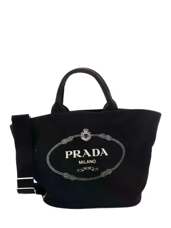 Prada Canapa Convertible Shopping Tote Canvas Medium Bucket Bag - Black