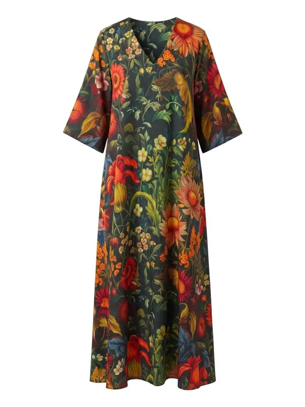 JANARA JONES Floral Garden Print V -neck Twill Satin Kaftan - Black