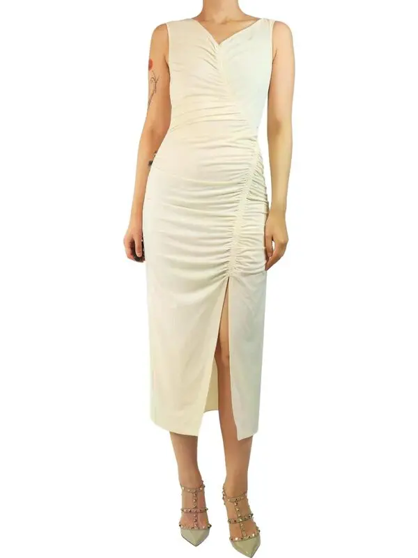SELF-PORTRAIT Ruched Sleeveless Midi Dress - Neutrals