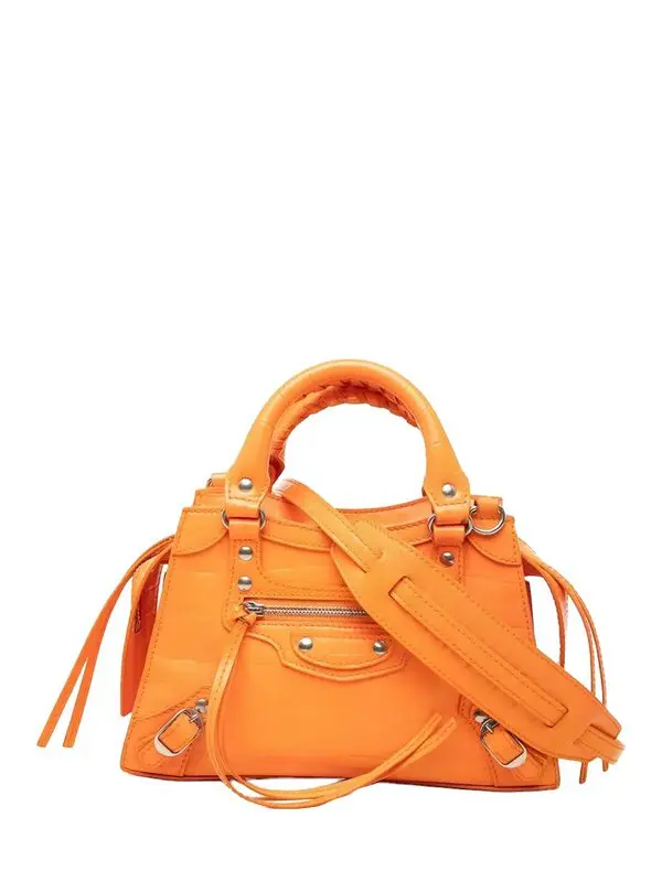 Balenciaga 2018-2026 Mini Croc Embossed Calfskin Motocross Neo Classic City Satchel - Orange