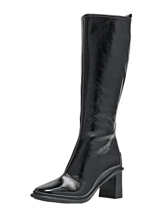 COACH Sculpted C Shiny Crinkle Leather Boots Flat Shoes - Black