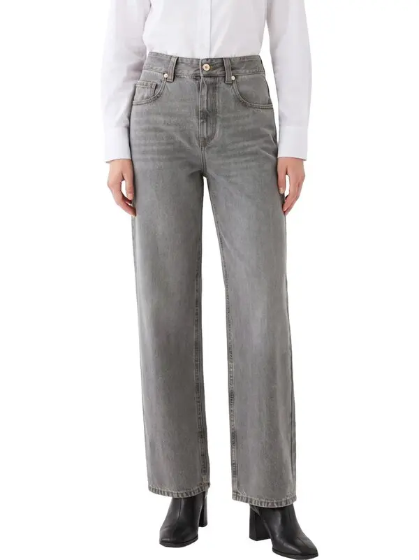 Brunello Cucinelli High-waisted Wide-leg Jeans In Denim With Monili - Grey