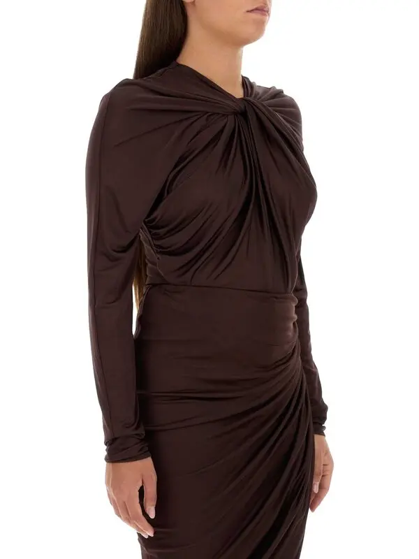 Balmain Long-sleeved Viscose Bodysuit With Draping And Lace Inserts - Brown