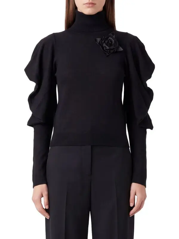 Blumarine Wool Turtleneck Jumper With Flower Appliqué And Puff Shoulders - Black