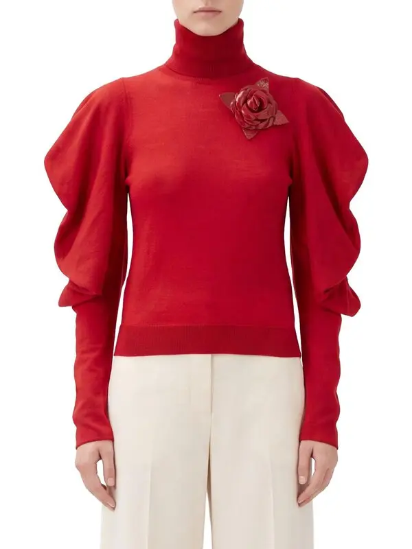 Blumarine Wool Turtleneck Jumper With Flower Appliqué And Puff Shoulders - Red