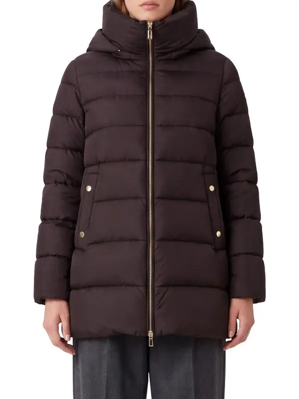 MOORER Quilted Knee-length Puffer Jacket In Recycled Nylon With Hood - Brown