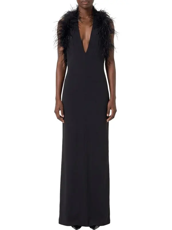 Blumarine Off-the-shoulder Crêpe Evening Gown With Decorative Feathers - Black