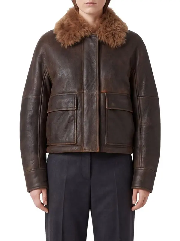 Brunello Cucinelli Short Shearling Jacket With Fur Collar And Concealed Fastening - Dark