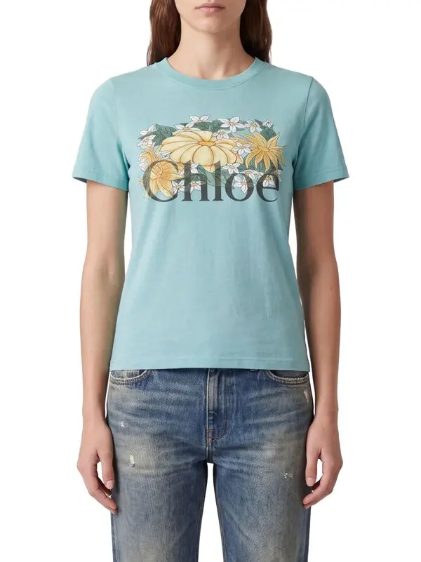 Chloé Floral Print And Contrast Logo Cotton T-shirt - Turquoise