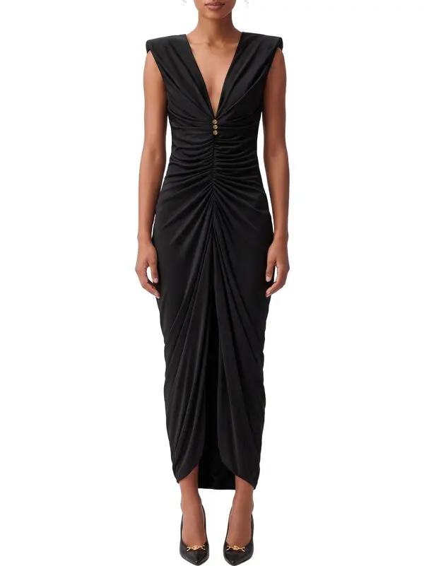 Versace Draped Off-the-shoulder Jersey Midi Sheath Dress - Black