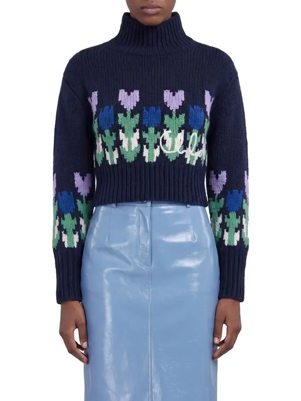 Chloé Cropped Floral Jacquard Wool Turtleneck Jumper - Navy